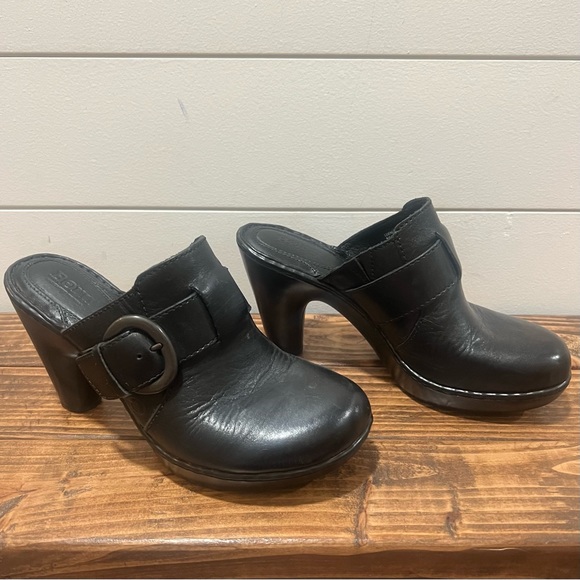 Born | Shoes | Born Holly Black Leather Buckle Heeled Clogsmulesslipons ...